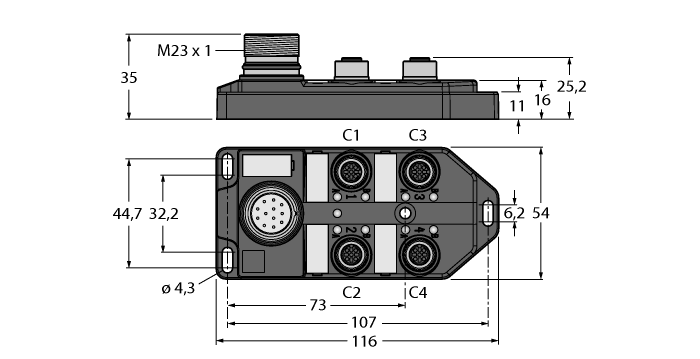 Passive Actuator/Sensor Box, M12 × 1 - 4-port, with M23 Connector for ...