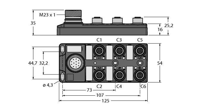 Passive actuator/sensor junction box, M12 x 1 - 6-port, with male M23 ...